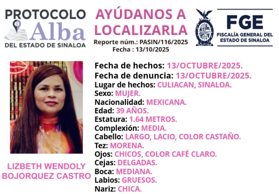 Activan protocolo Alba por desaparición de Lizbeth Wendoly en Culiacán ...